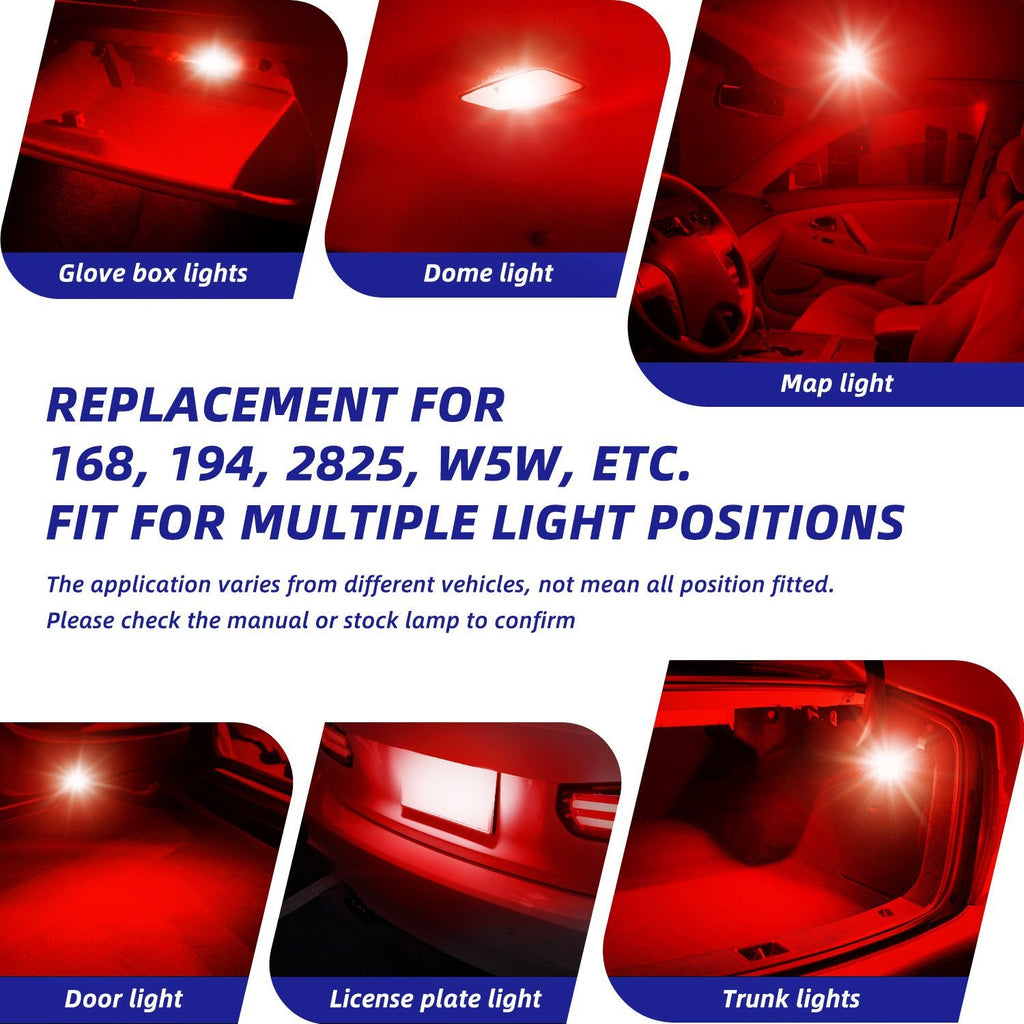 T10 168 2825 W5W 194 LED Bulb 6500K Red Interior & Exterior Car Lights ...